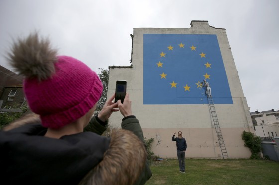 British Street Artist Banksy Creates Brexit Mural
