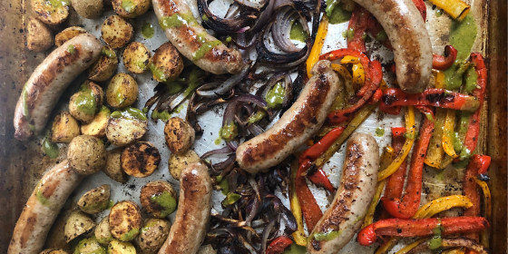Sheet Pan Sausage and Peppers with Onions and Potatoes Recipe