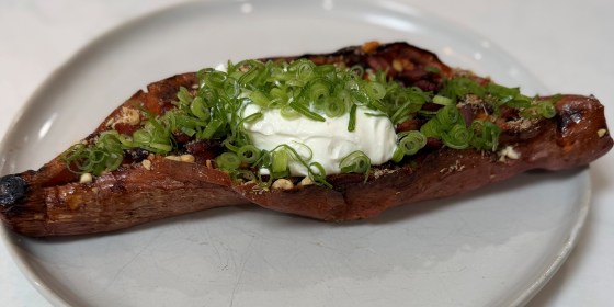 Loaded Sweet Potato with Bacon and Hazelnut Dukkah