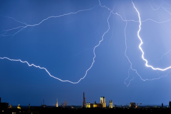 Lightning fills stormy skies over Munich