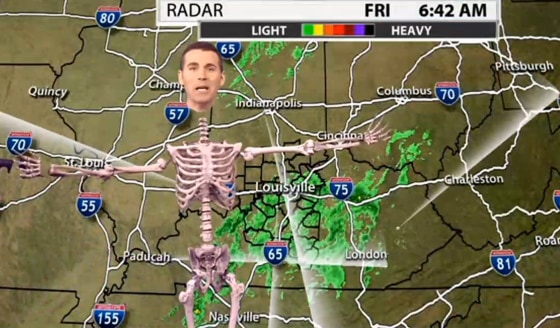 Louisville weatherman Jude Redfield gives forecast as a skeleton