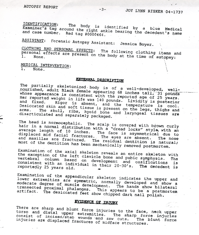 Joy Risker autopsy report