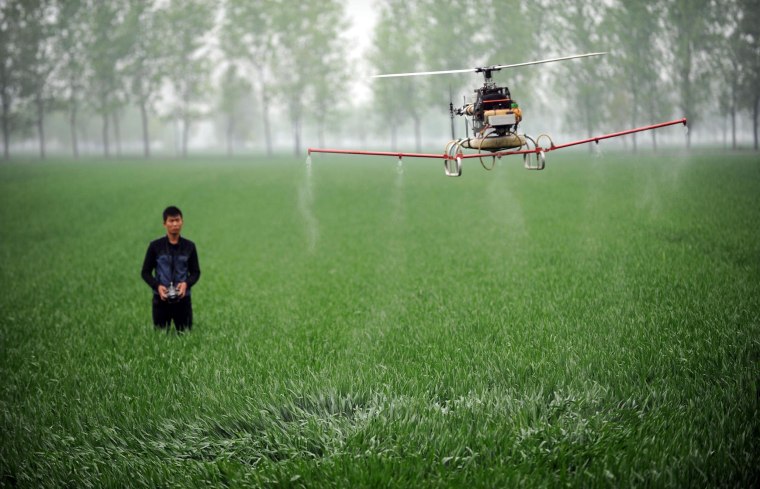 High-Tech Farmer Deploys Drone to Spray Crops