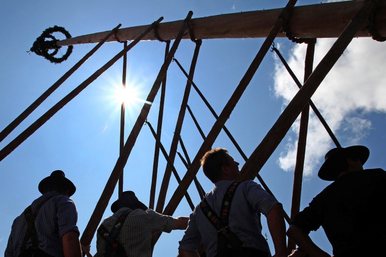 Germans Raise New Maypole the Old-Fashioned Way