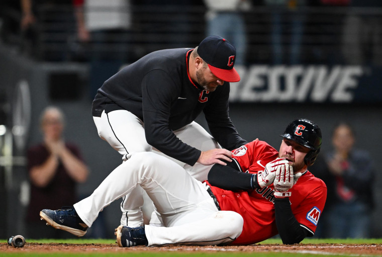 David Fry of Cleveland Guardians Hit in Face by Tarik Skubal Pitch