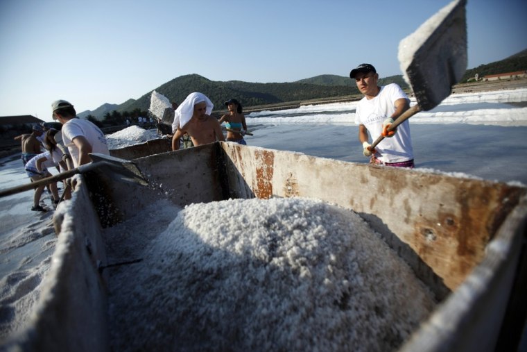 Volunteers harvest Ston salt from historic Croatian site