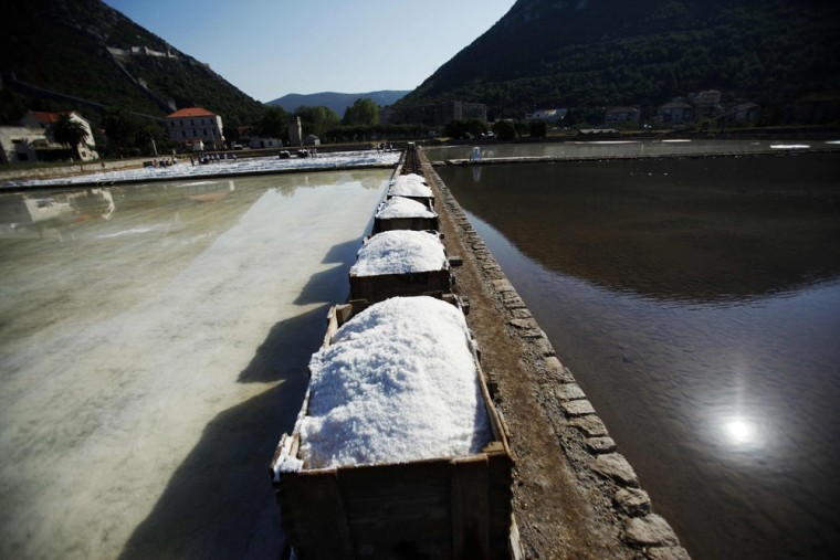 Volunteers harvest Ston salt from historic Croatian site