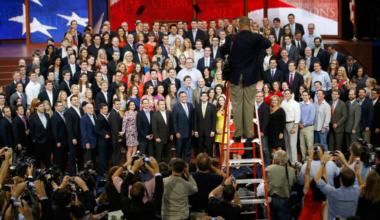 Smile! Mitt Romney, Paul Ryan and staff pose for a group picture