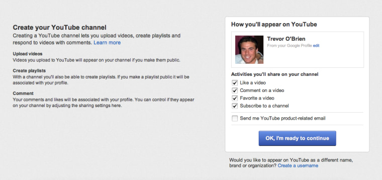 Create new YouTube channel using Google+ profile