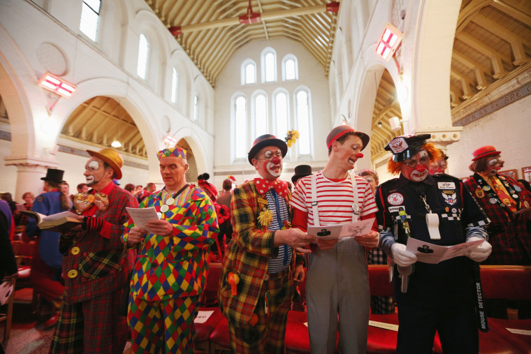 Clowns brighten Sunday church service in London, remembering one of ...