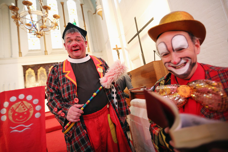Clowns brighten Sunday church service in London, remembering one of ...