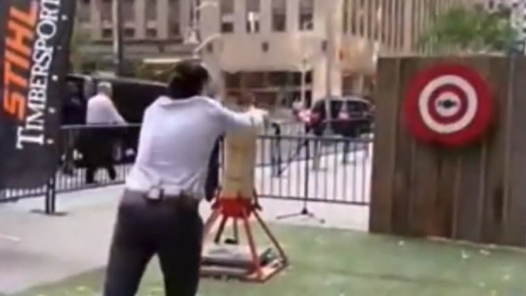 Video: TV host accidentally hits drummer while throwing an ax