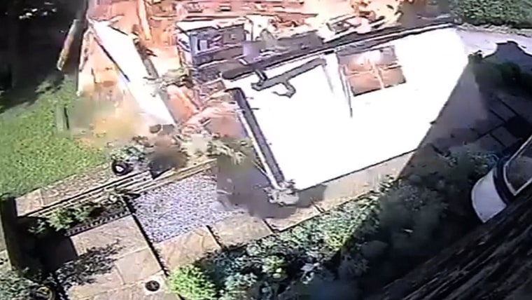 Surveillance video of shed exploding in northern England