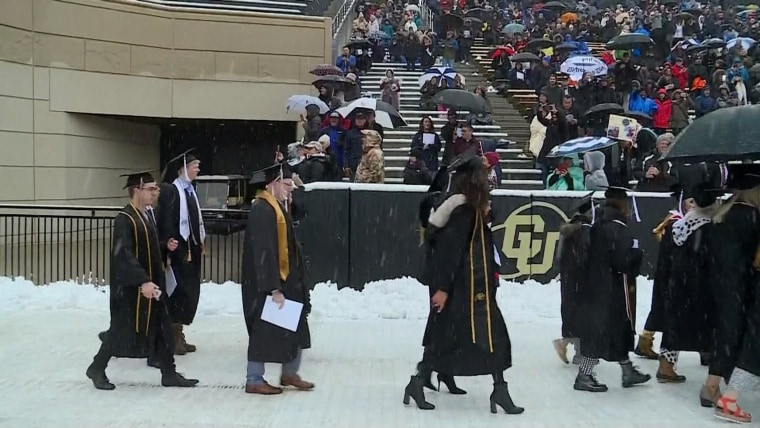 CU Boulder graduates embrace their ‘snow-mencement’