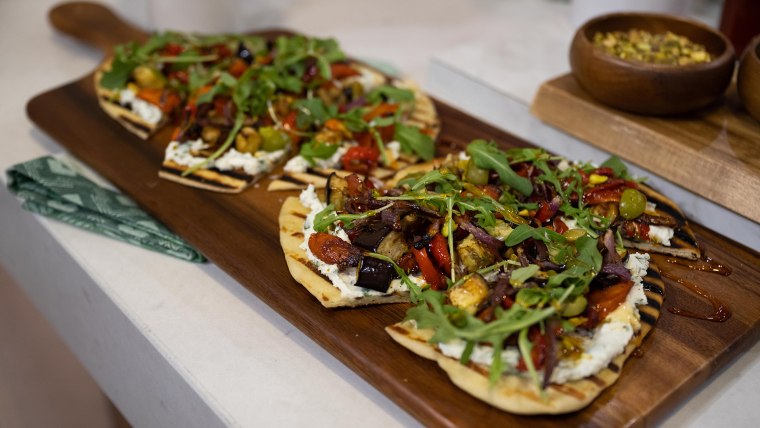 Roasted Vegetable and Herbed Goat Cheese Flatbread with Hot Honey Drizzle