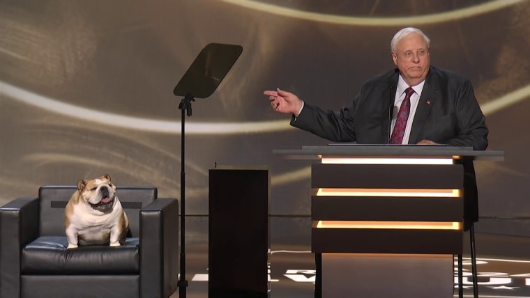 West Virginia Gov. Jim Justice brings Babydog on stage for his RNC speech