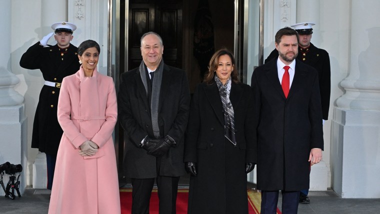 Harris and Emhoff greet the Vances ahead of Trump’s inauguration
