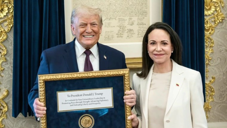 María Corina Machado gives Trump her Nobel Peace Prize medal in White ...