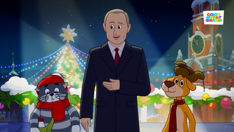 Putin meets talking cat and dog in popular Russian cartoon