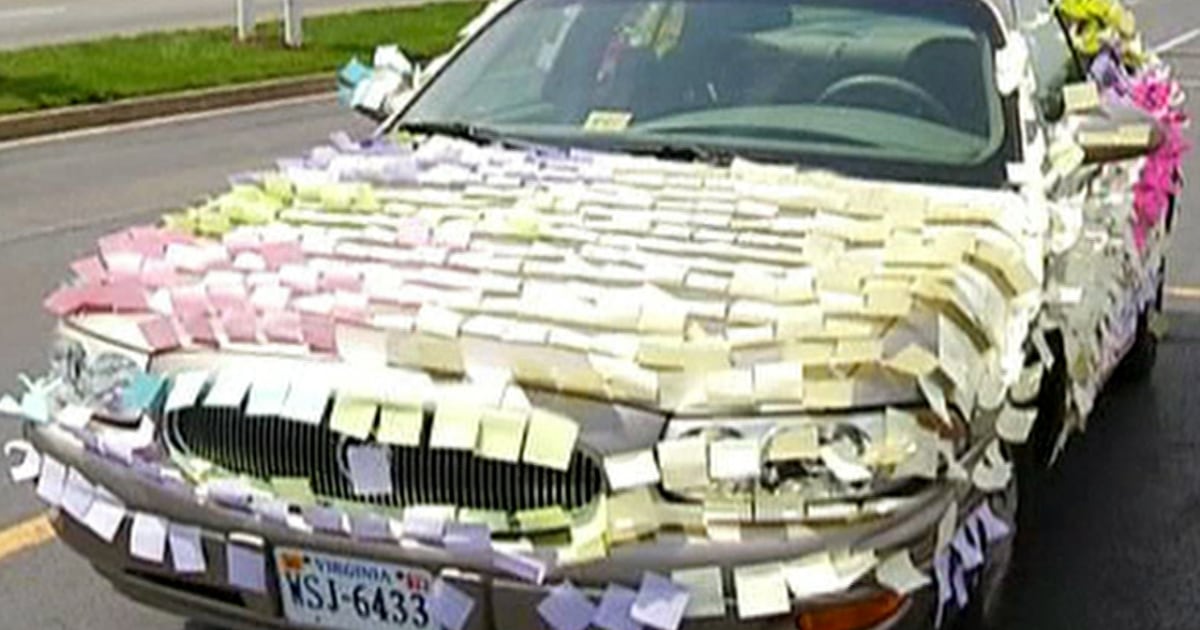 Post-it note prank covers VA car