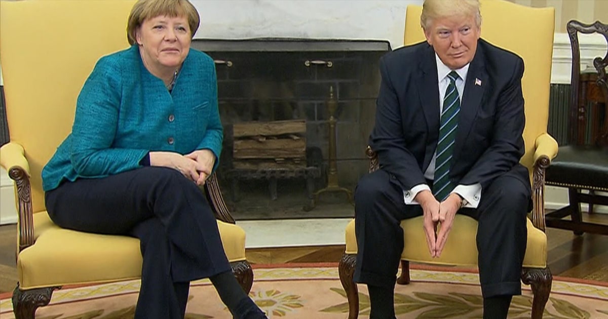 Donald Trump, Angela Merkel avoid handshake during photo op.