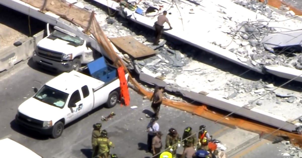 Scene of pedestrian bridge collapse as seen from news helicopter