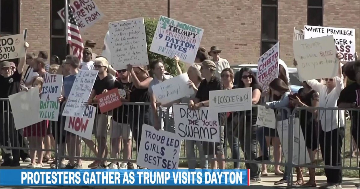 Protestors demonstrate in Dayton, Ohio, as Trump visits