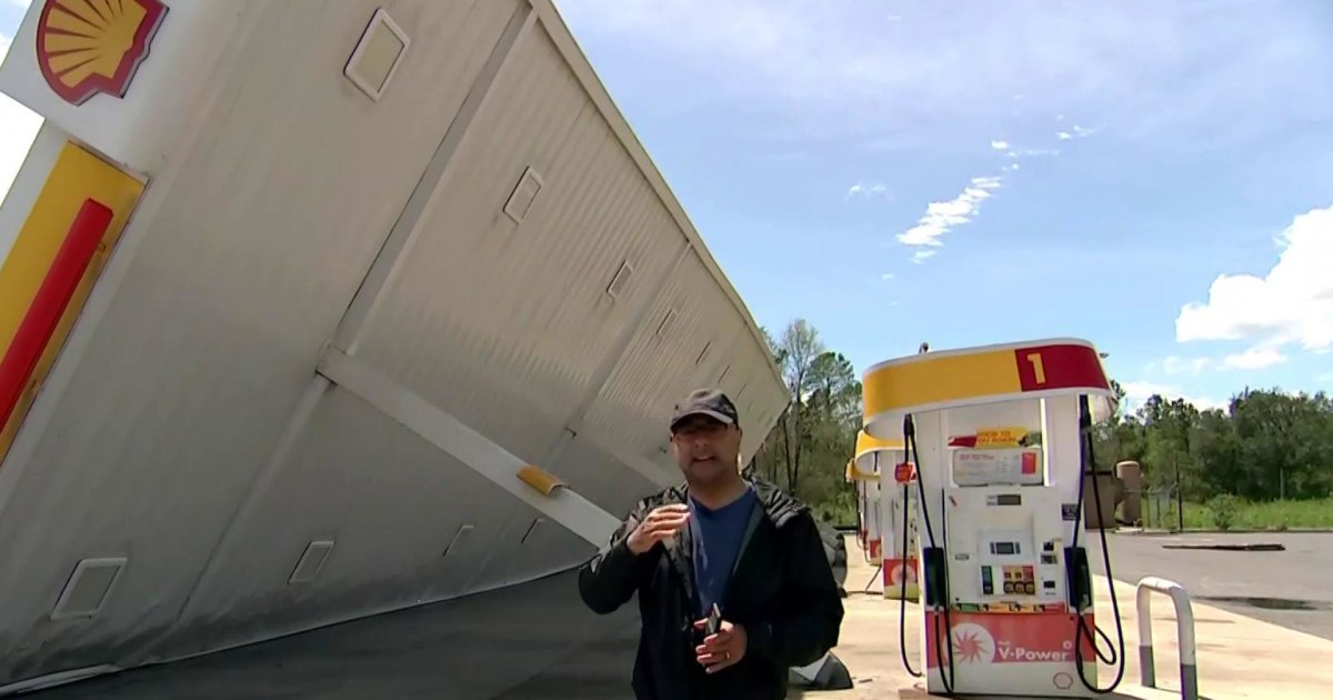 Storm damage on Texas border shows gas station canopy collapsed