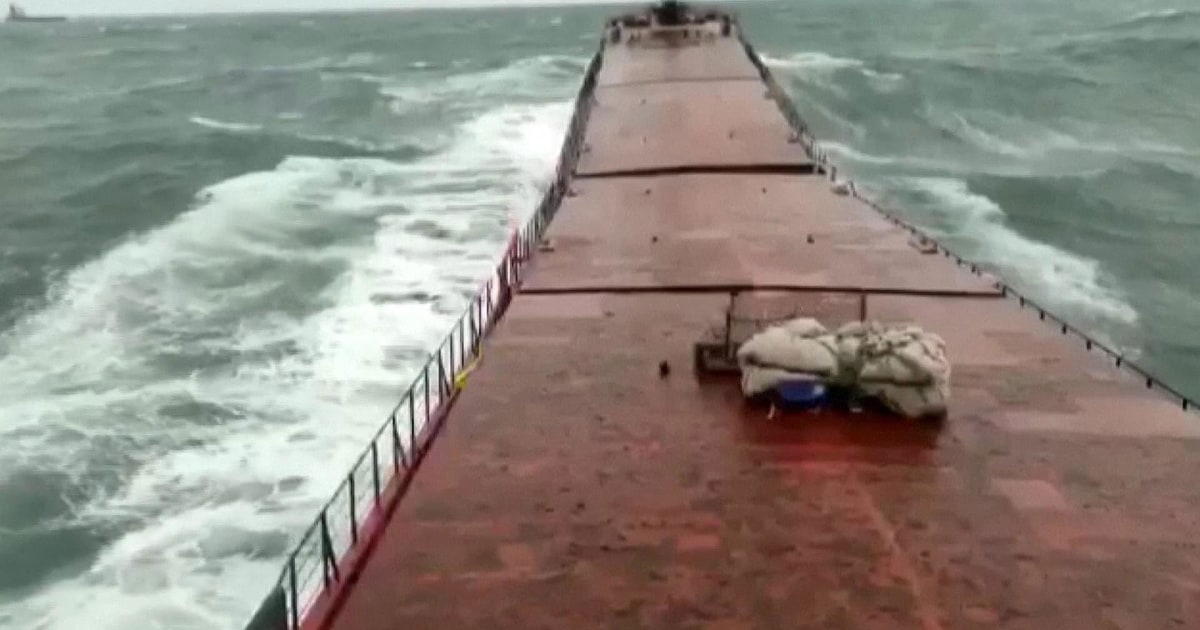 Onboard cameras capture moment ship breaks in two in heavy seas