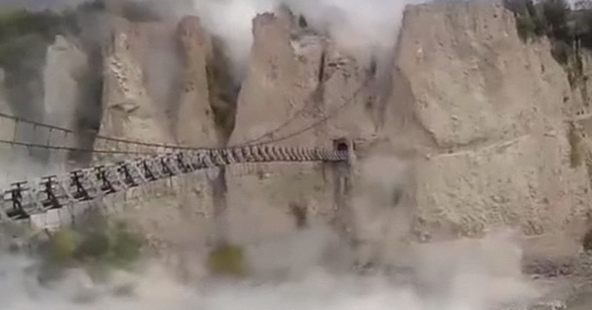 Watch as Earthquake Debris Tumbles Around Huge Pakistan Suspension Bridge
