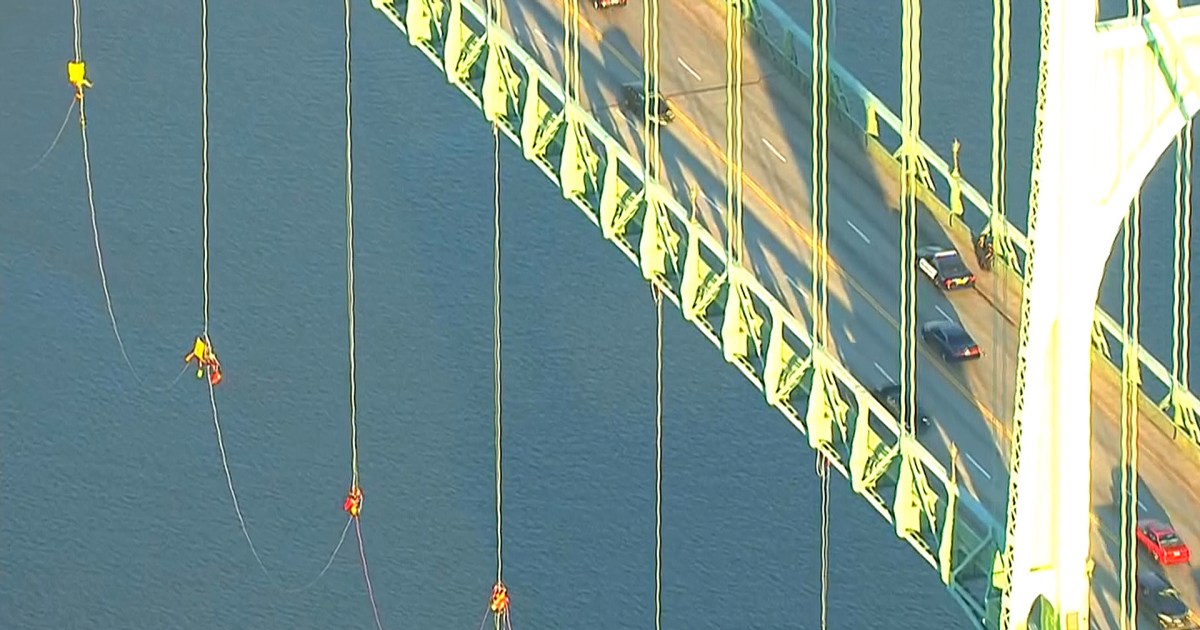 Aerials of Protesters Hanging from Portland, Oregon Bridge