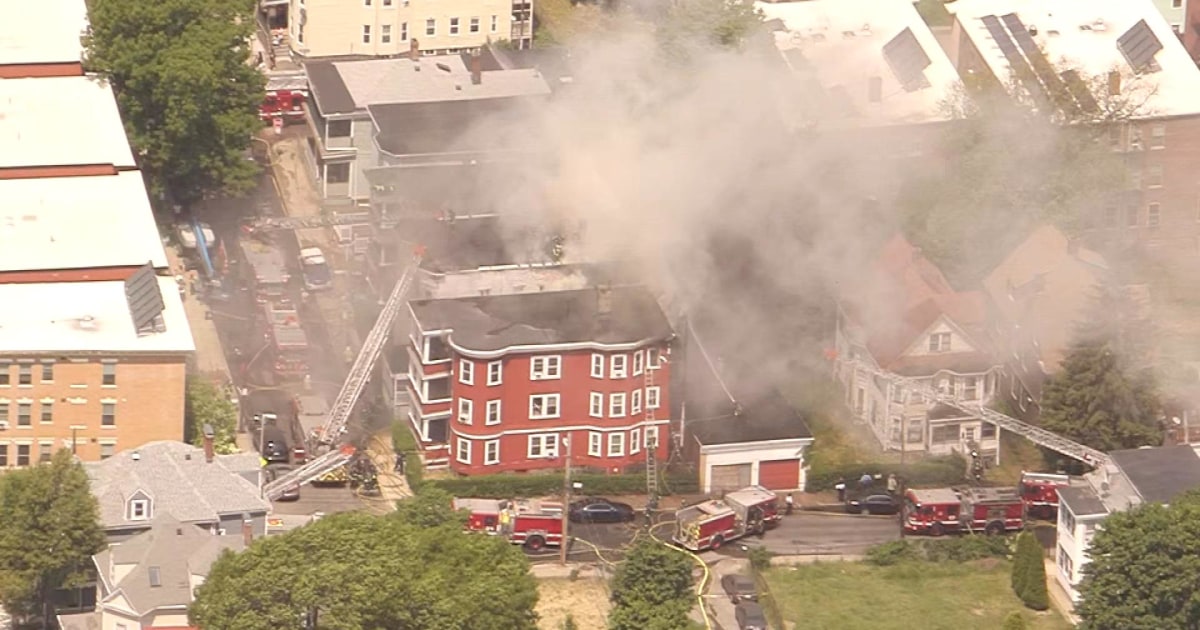 Aerials show Boston firefighters battle 7-alarm blaze across multiple homes