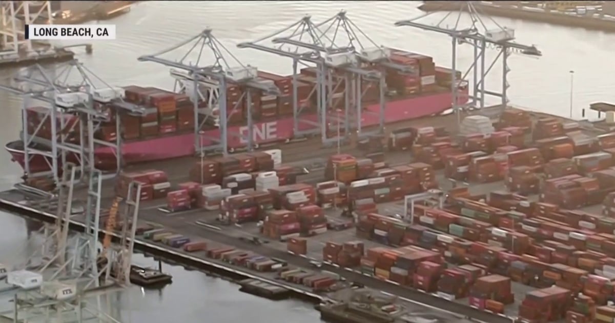 Container ships anchored and waiting to unload cargo outside of U.S. ports