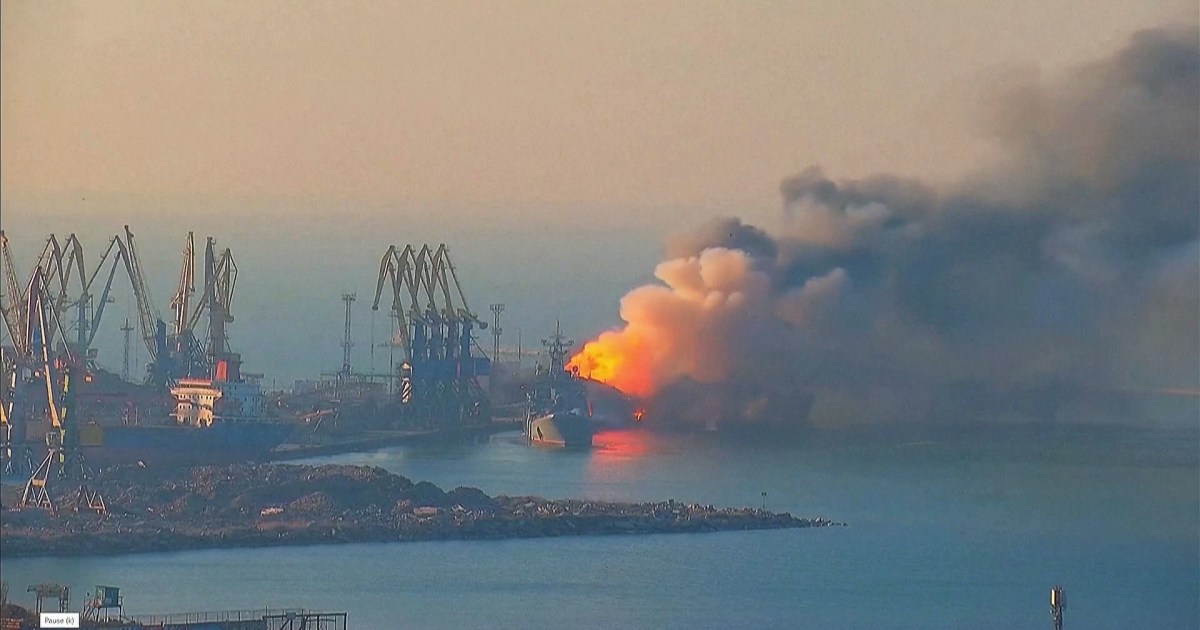 Russian navy ship burns in Berdyansk as Ukraine claims successful attack