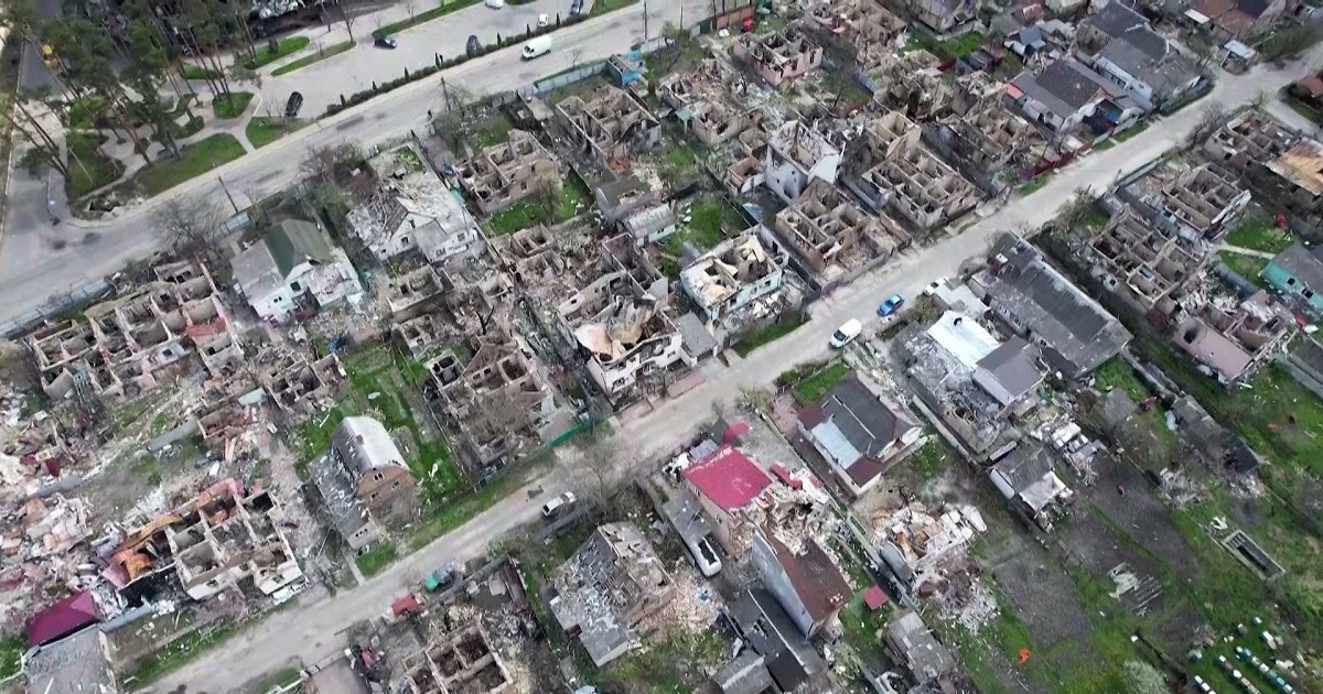 Scale of Russian destruction of Irpin captured in new drone video