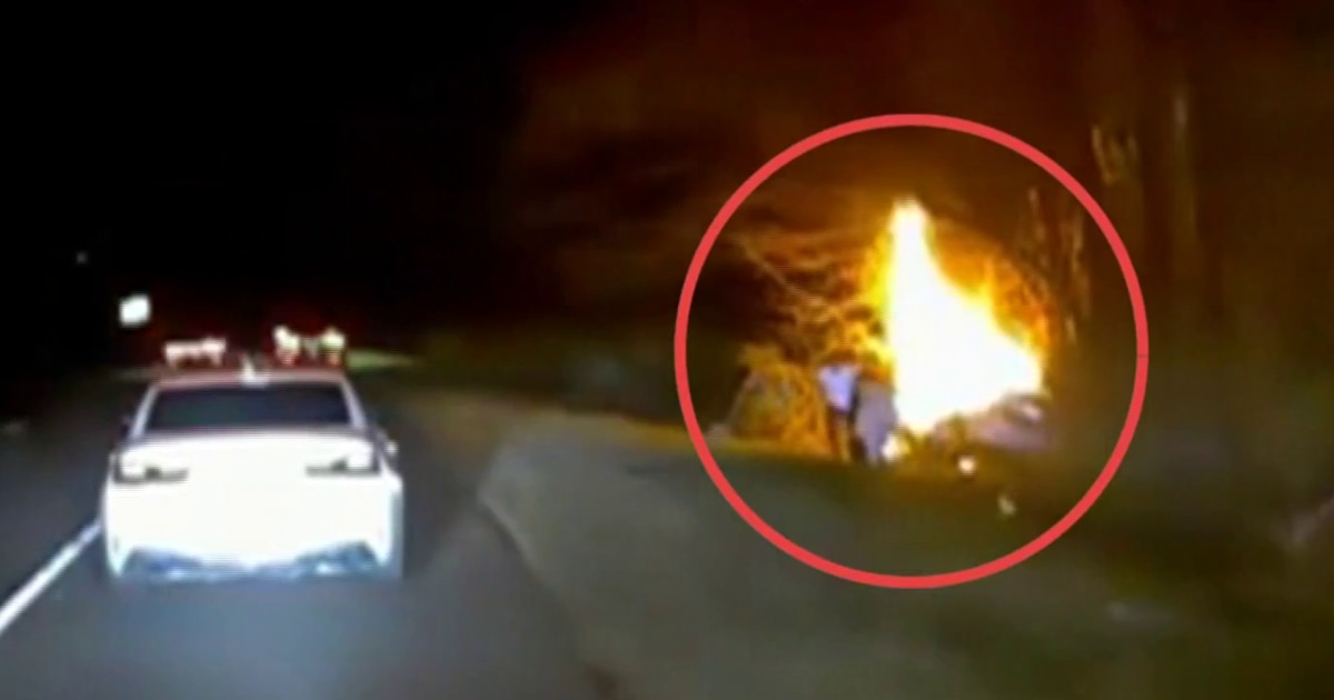 Off-duty firefighter saves woman from fiery crash