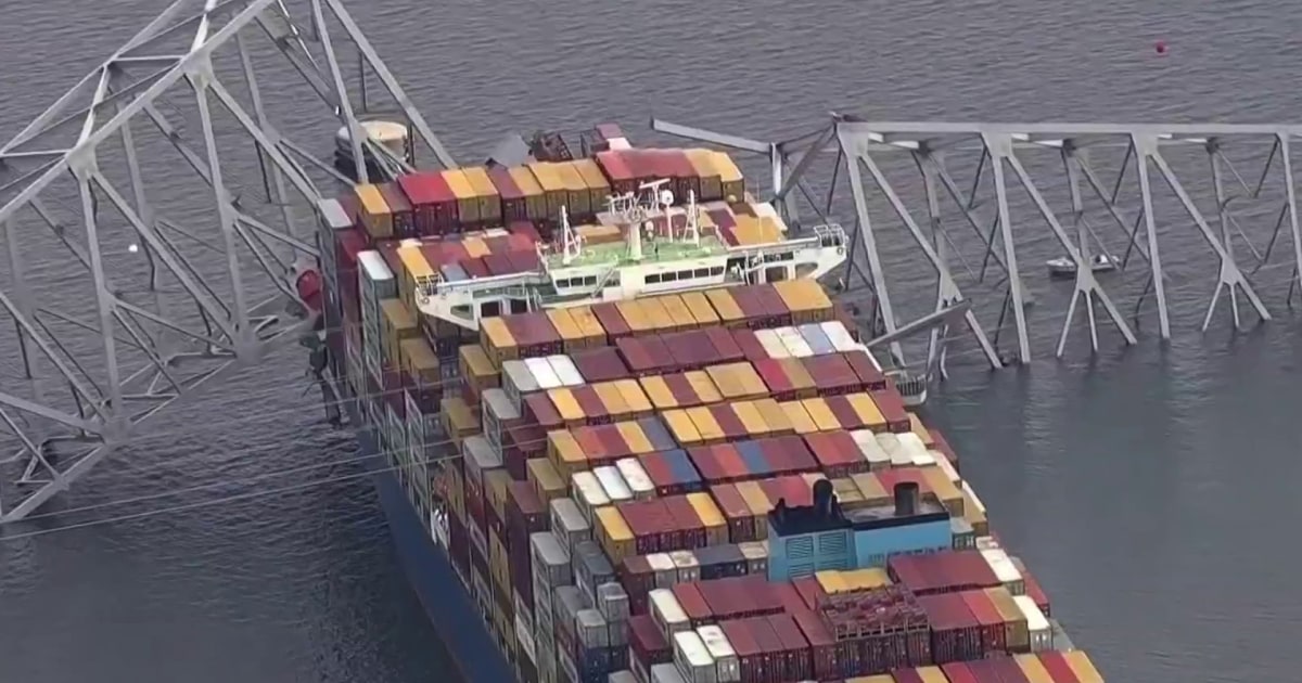 View from the air of the collapsed bridge and the cargo ship