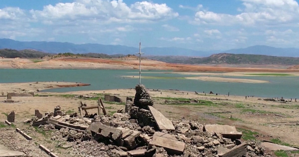Drone video shows sunken town revealed by dried dam in Philippines