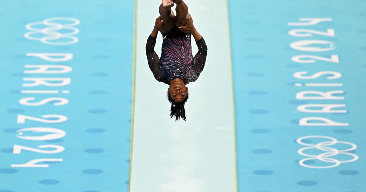 Simone Biles drills Yurchenko double pike in practice at the Paris Olympics