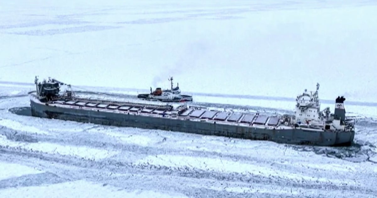 A freight ship stuck in ice on Lake Erie is finally free