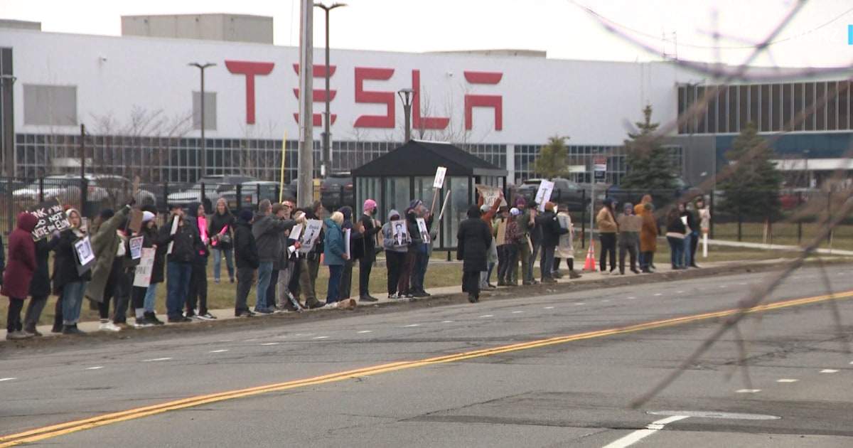 Dozens of protests take place at Tesla dealerships nationwide