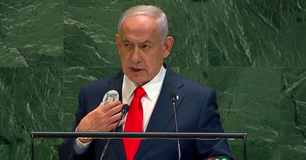 Netanyahu wears QR code pin for October 7 remembrance during U.N. speech