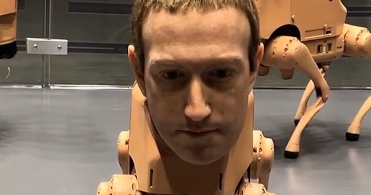 Art exhibit features robot dogs with tech mogul heads