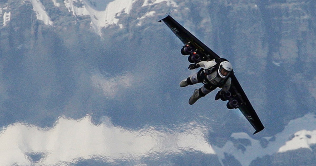 Rocket man flies on jet-powered wings