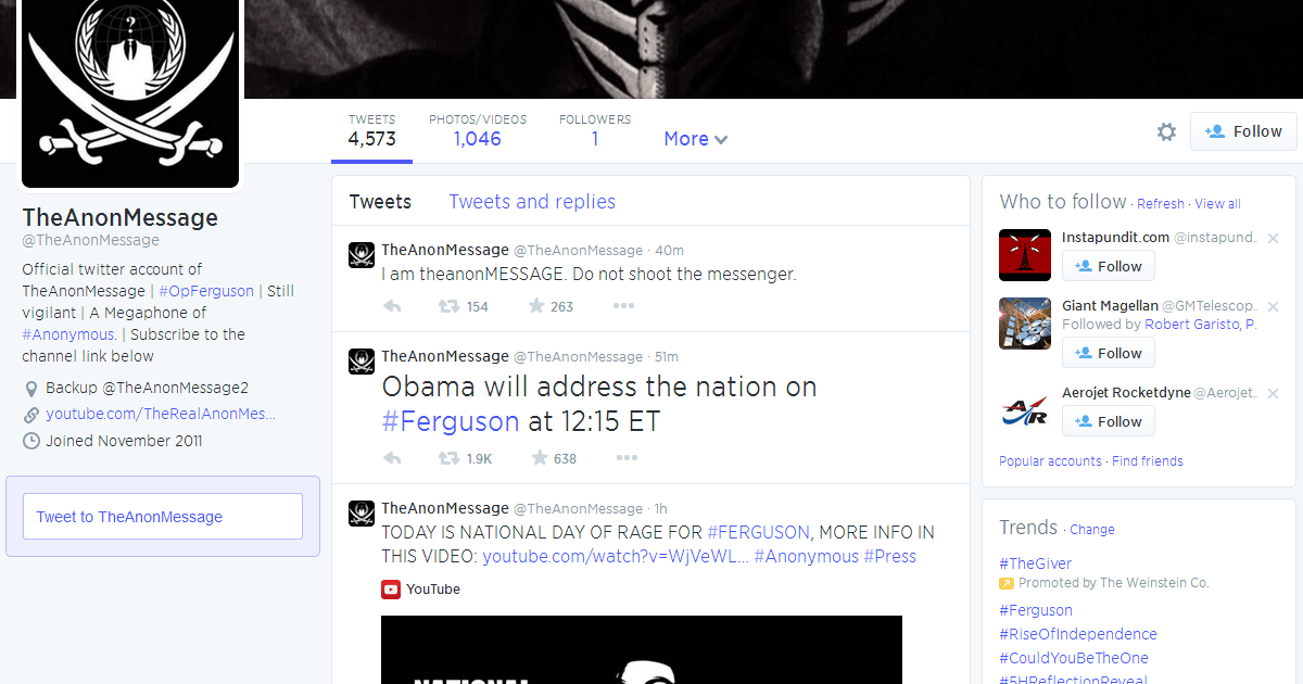 'Anonymous' Twitter Feed Suspended During Ferguson Protests