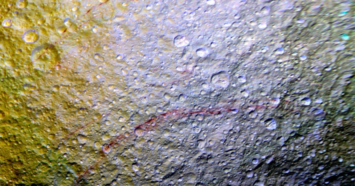 Mysterious Red Arcs Found on Saturn's Icy Moon Tethys Mysterious Red Arcs Found on Saturn's Icy Moon Tethys