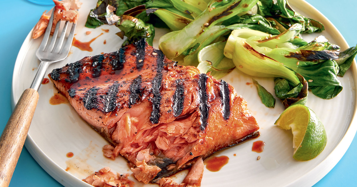 Soy-honey grilled salmon with umami roasted vegetables