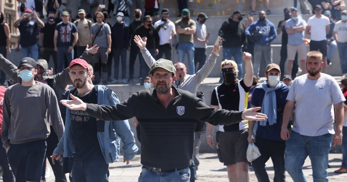 Far-right demonstrators gather in London to 'protect' symbols of UK history