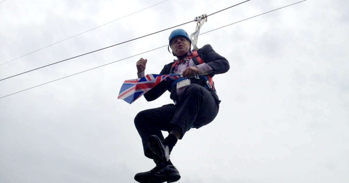 Boris Johnson, London mayor, stuck on a zip line