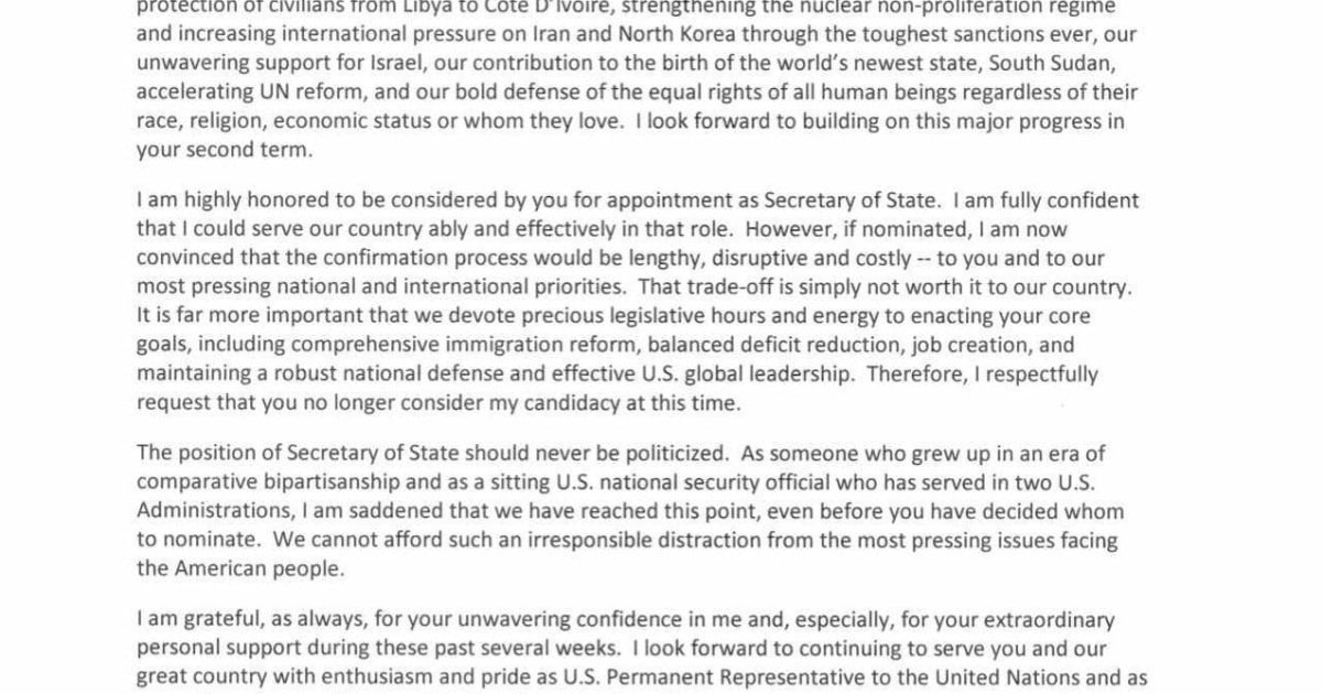Susan Rice withdraws her name from Consideration to be Secretary of State